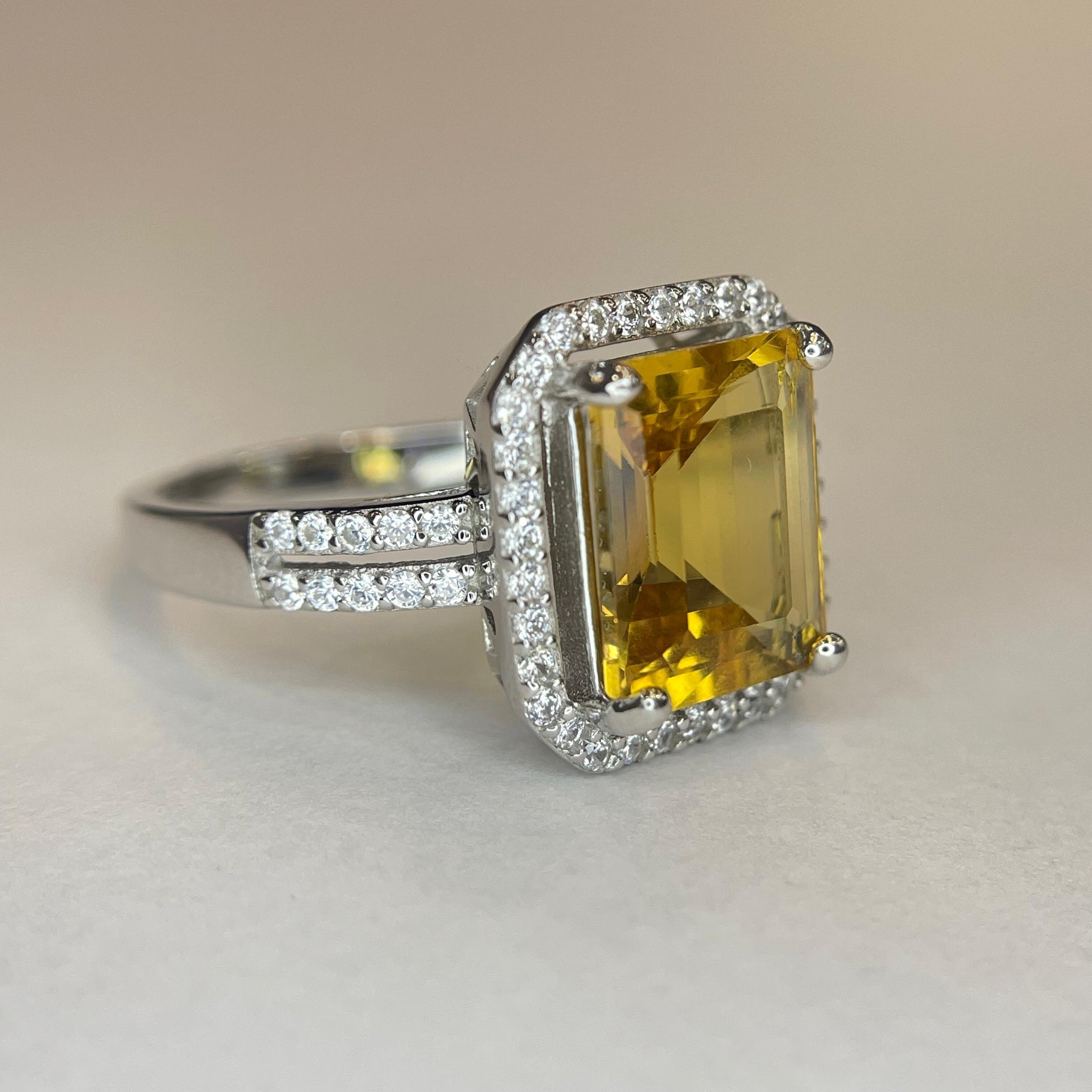 AAA+ Natural Yellow Beryl Emerald Cut//gemstone Ring 925 Sterling ...