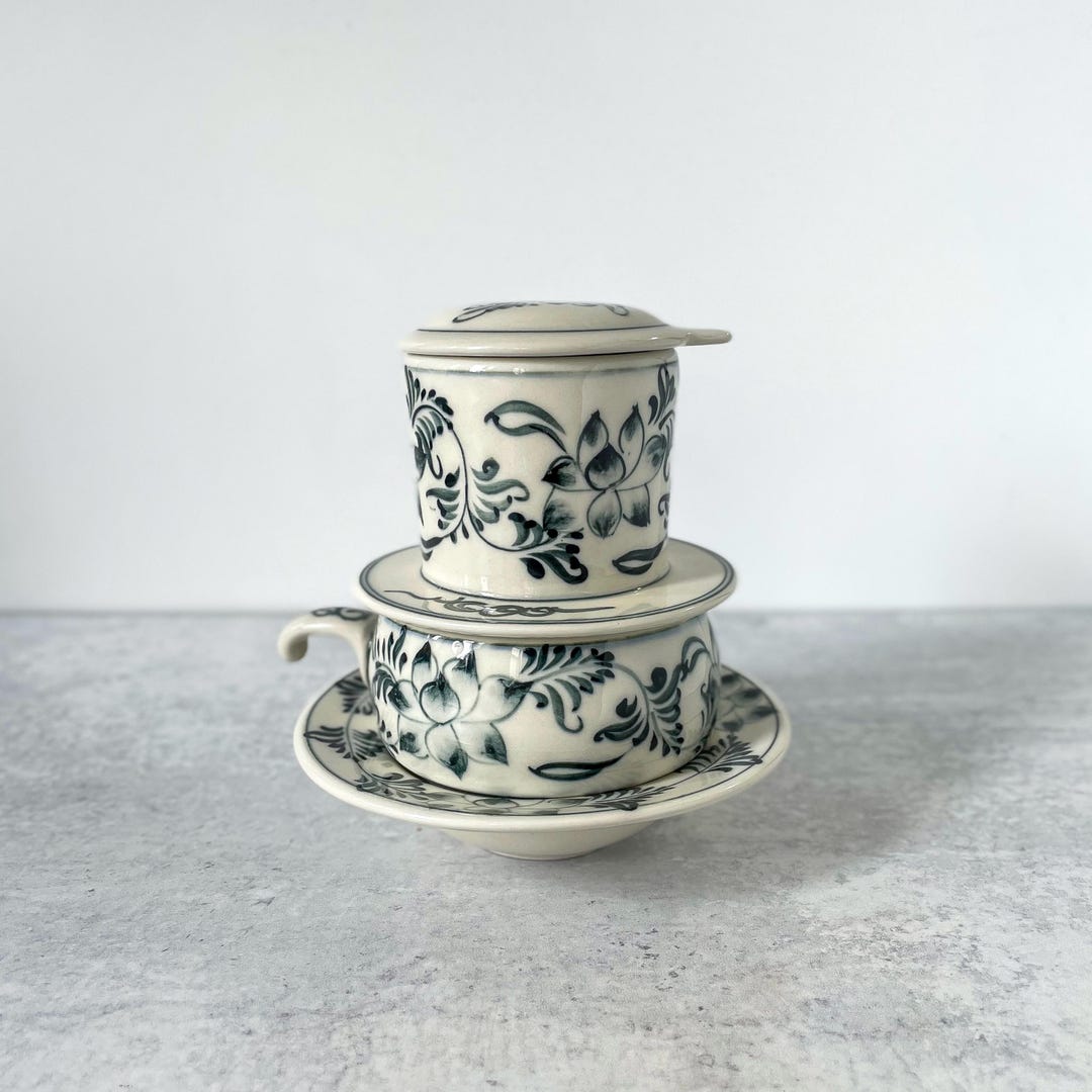 Bat Trang Vietnamese Coffee Set (filter, Cup, Plate & Spoon) - Lotus ...