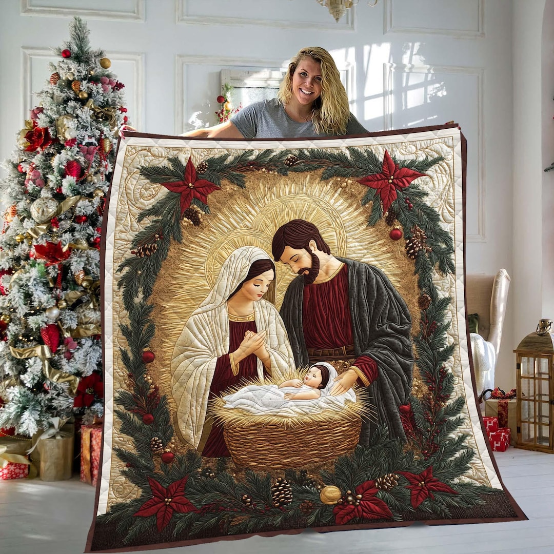 2D Flat Nativity Scene of Baby Jesus, Mary, Joseph Quilt Blanket, Holy ...
