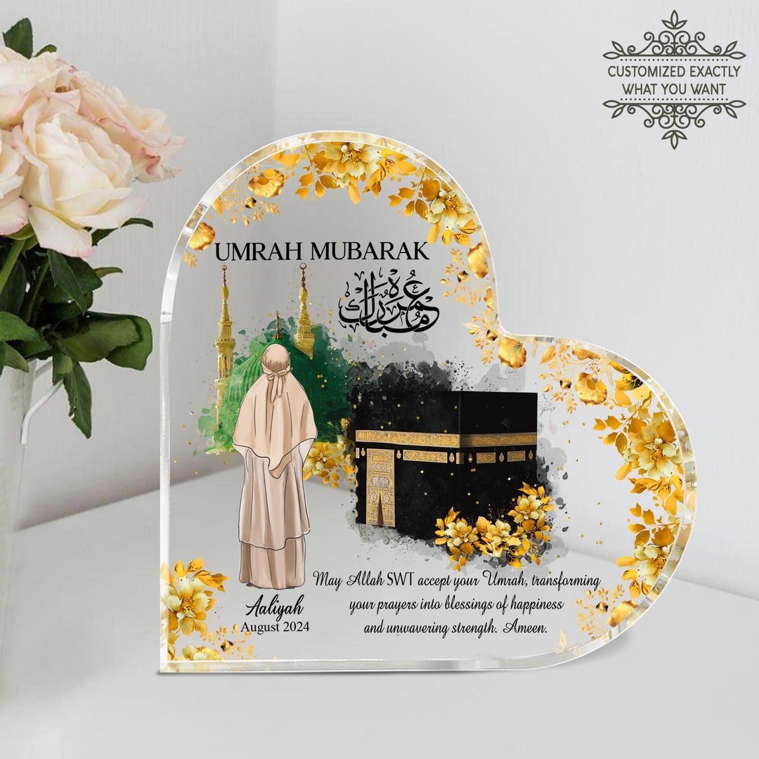 Personalised Umrah Mubarak Heart Acrylic Plaque, Islamic Gift for Her ...