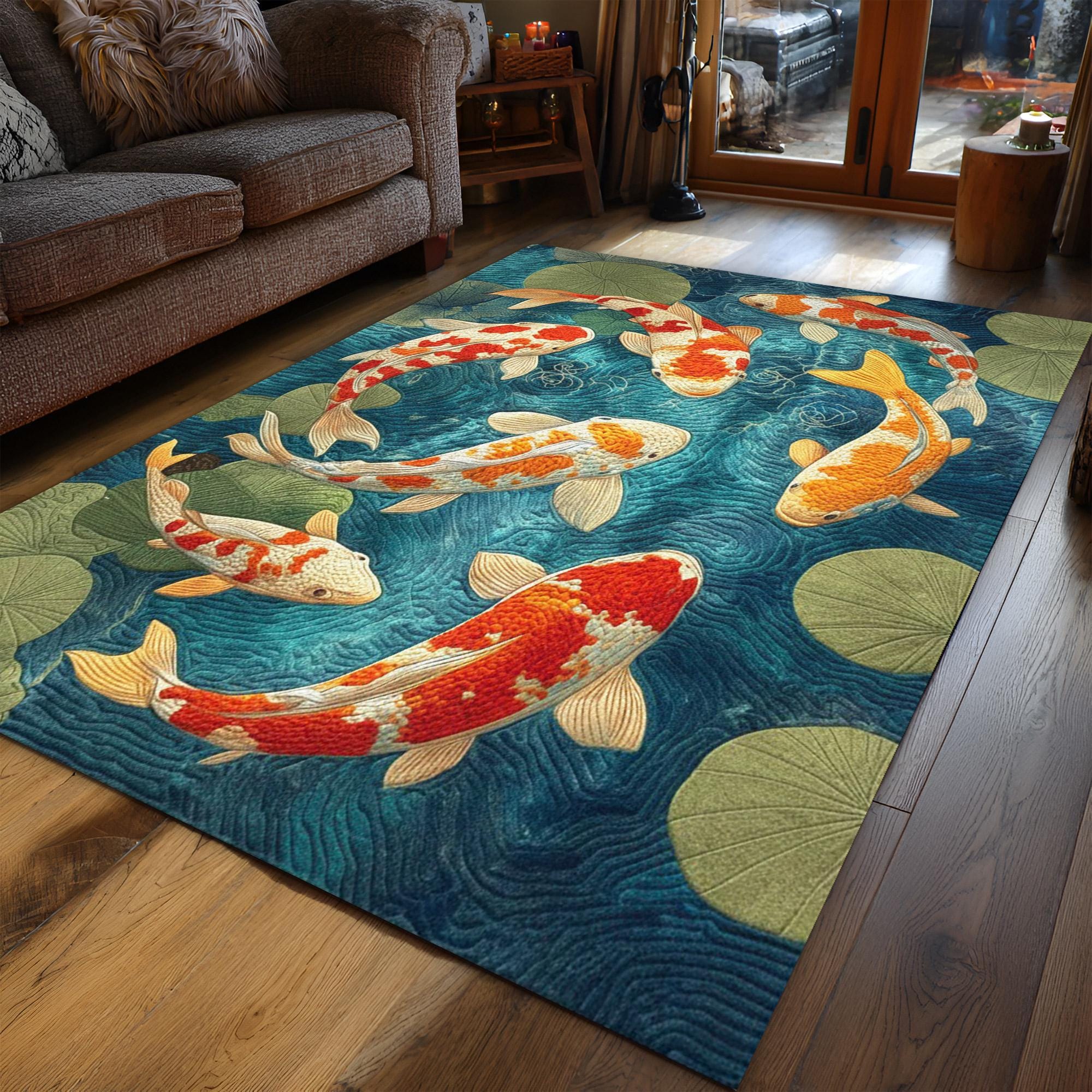 Koi Fish Area Rug, Japanese Zen Carp Rug, Pond Fish Art Floor Rug ...