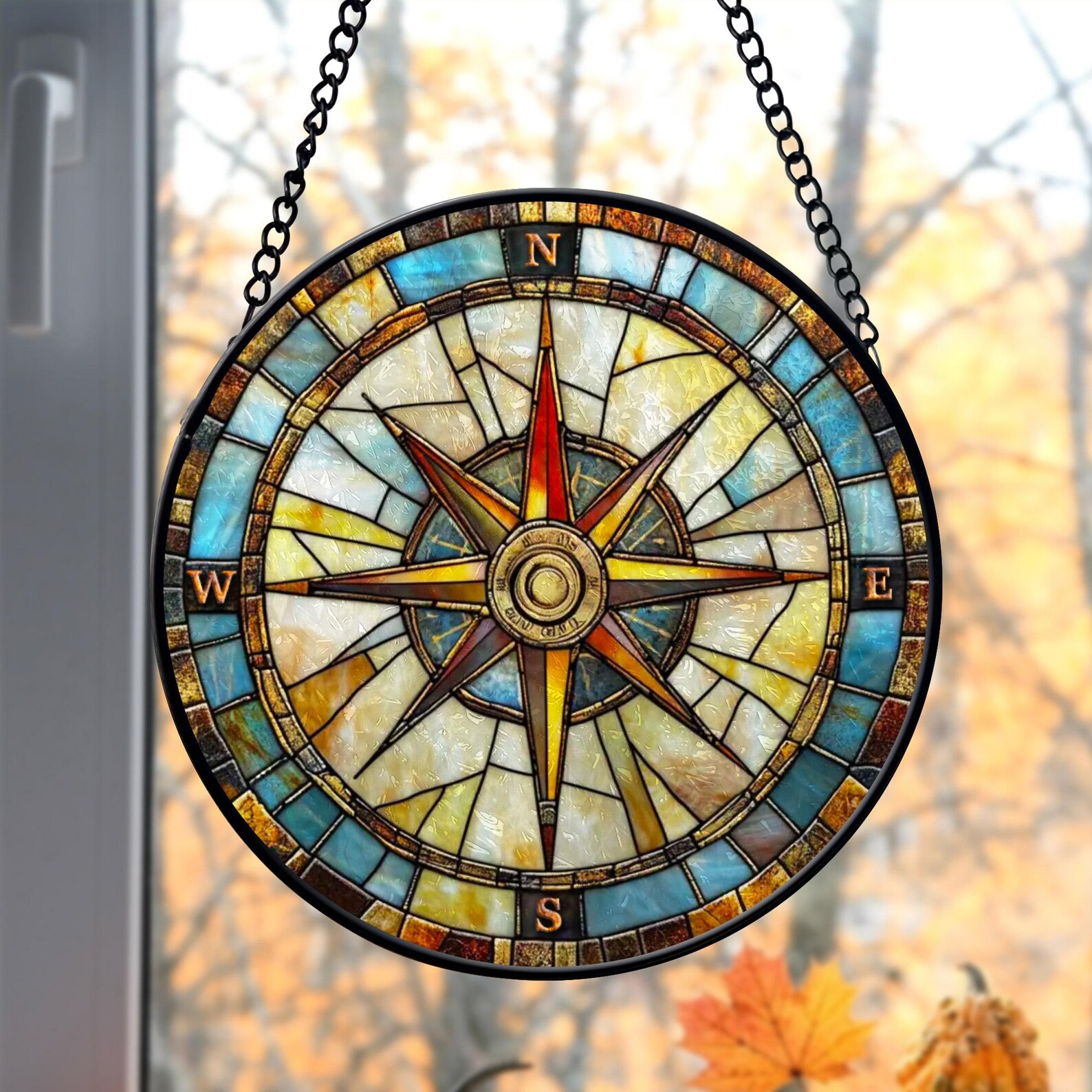 Faux Stained Glass Compass Suncatcher, Compass Stained Glass Ornament ...