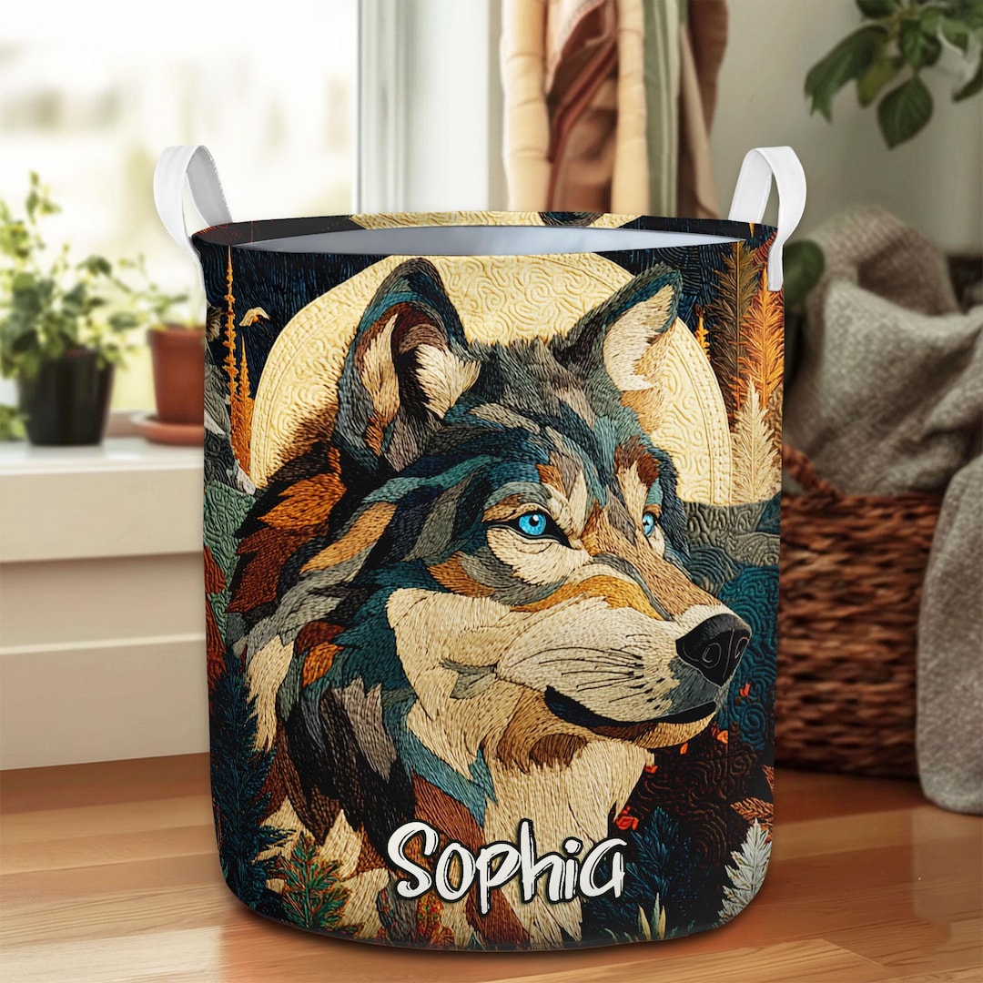 Personalized Wolf and Moon Art Laundry Basket, Wolf Storage Hamper ...
