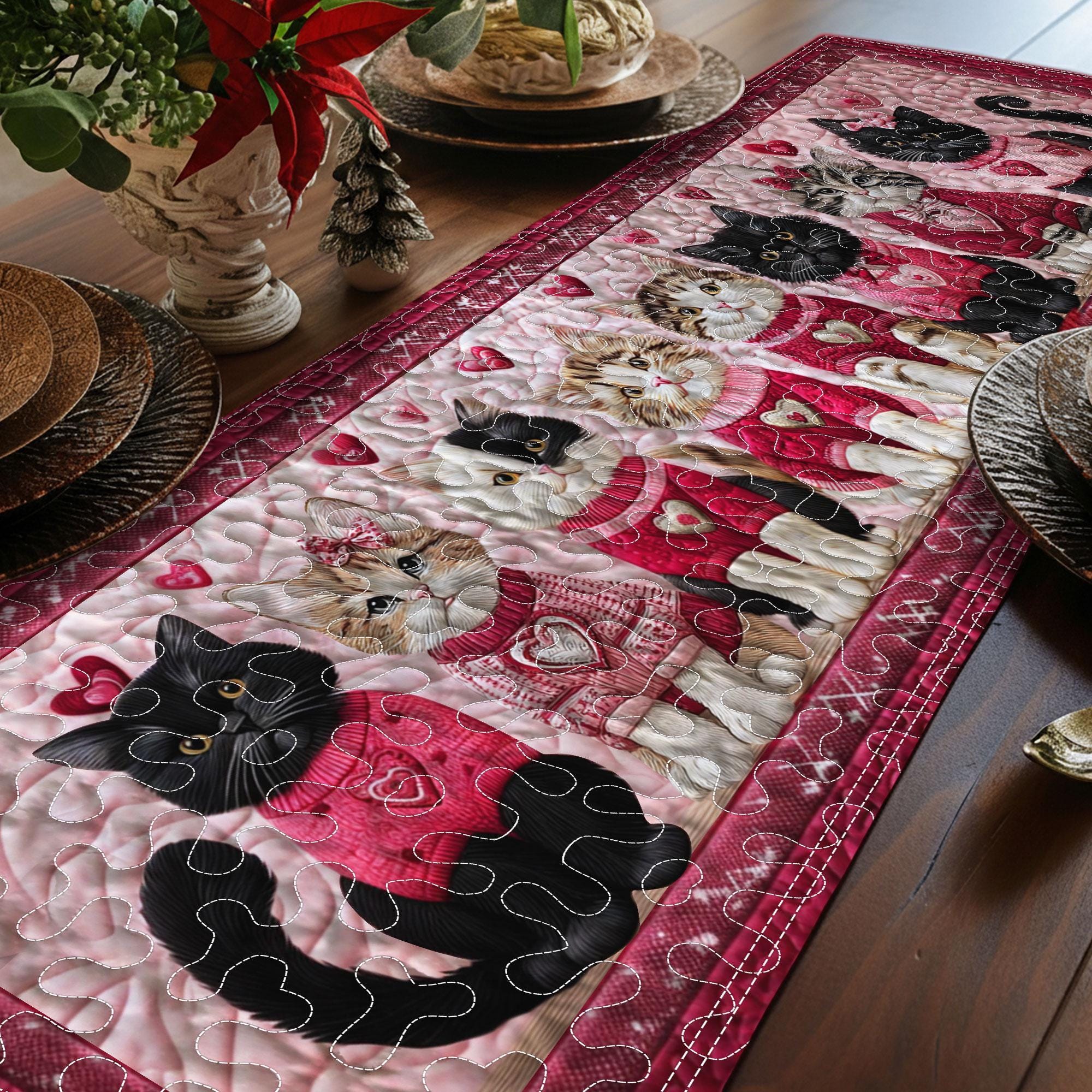 Valentine Cat Quilted Table Runner, Cute Cats in Pink Red Sweaters ...