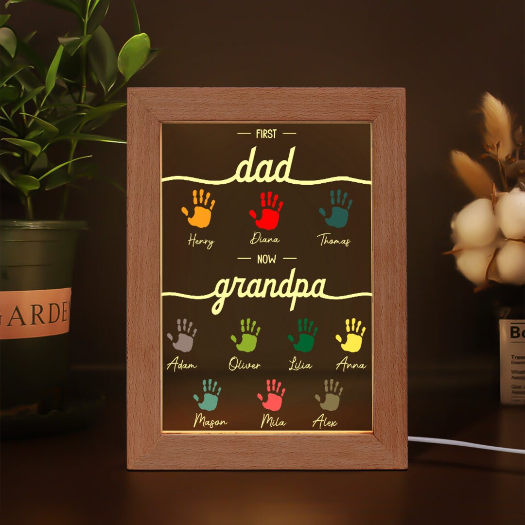 Personalized First Dad Now Grandpa Gift Frame Lamp, Color Handprint ...