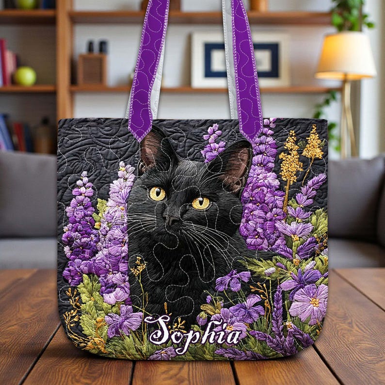 Personalized Black Cat Quilted Tote Bag, Custom Name Floral Cat Design ...
