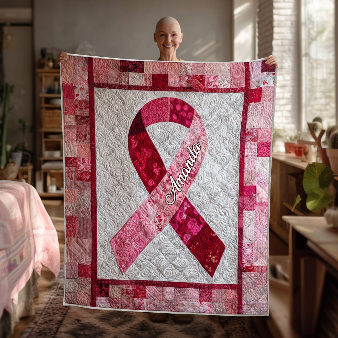 Personalized Breast Cancer Quilt Blanket, Pink Ribbon Breast Cancer ...