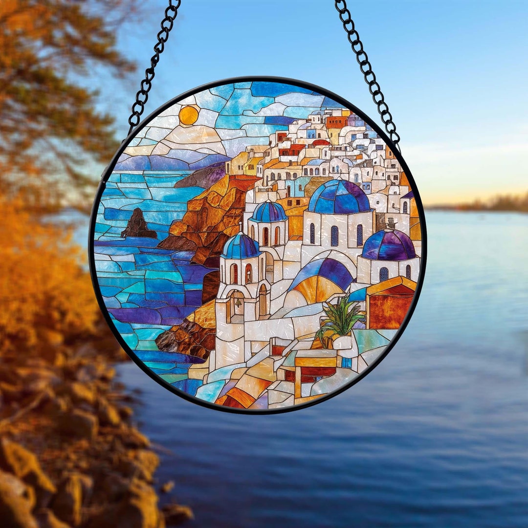 Santorini of the Caribbean Faux Stained Glass Suncatcher, Greece ...