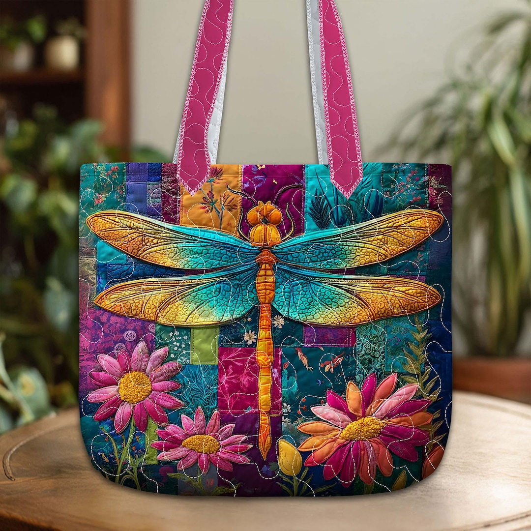 Colorful Dragonfly Quilted Tote Bag, Dragonfly With Wildflowers Bags ...