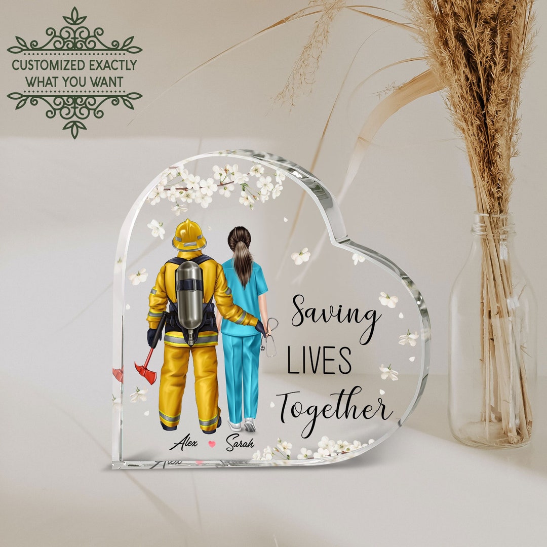 Personalized Firefighter and Nurse Couple Heart Acrylic Plaque, Couple ...