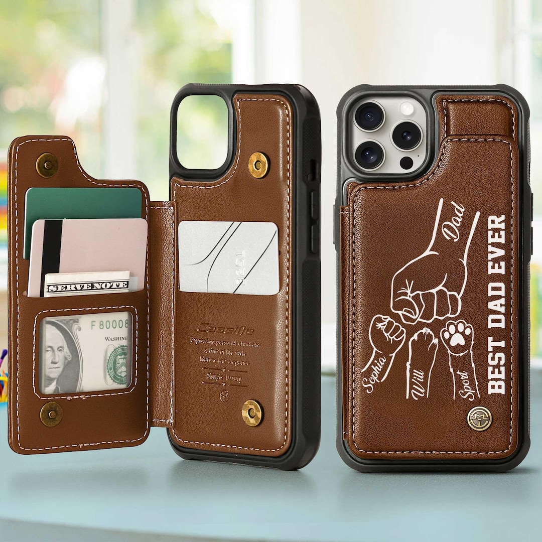 Custom Best Dad Ever Leather Flip Wallet Phone Case, Personalized Fist ...