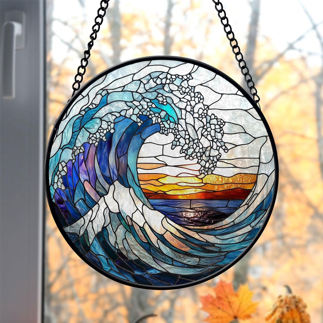 Faux Stained Glass Ocean Wave Suncatcher, Wave Window Hangings for ...