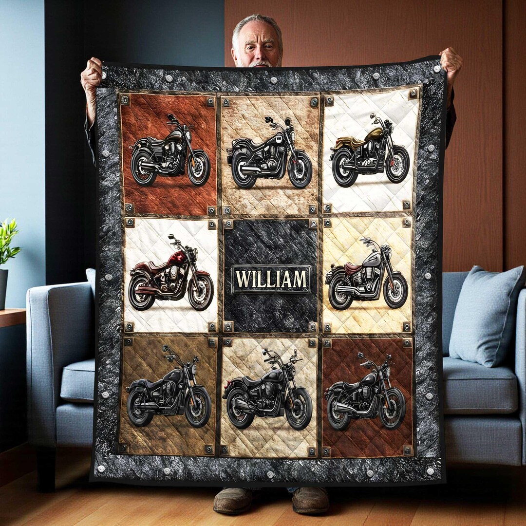 Personalized Motorcycle Quilt Blanket, Custom Name Biker Gift ...