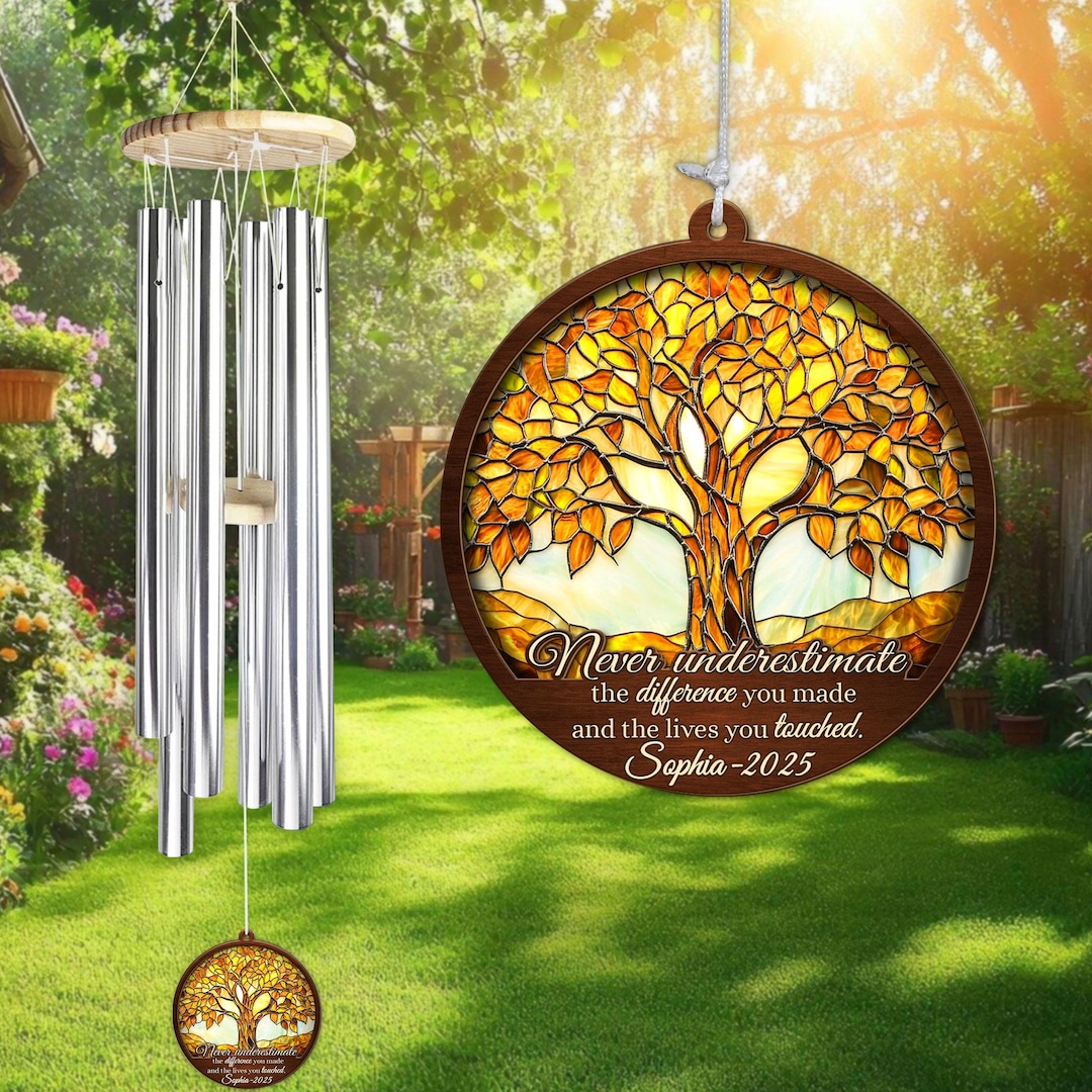 Personalized Retirement Wind Chime With Faux Stained Glass, Custom Name ...