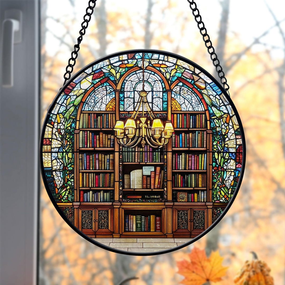 Faux Stained Glass Library Window Suncatcher, Book Window Hangings for ...