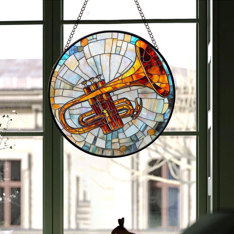 Trumpet Faux Stained Glass Suncatcher, Musical Instrument Stained Glass ...