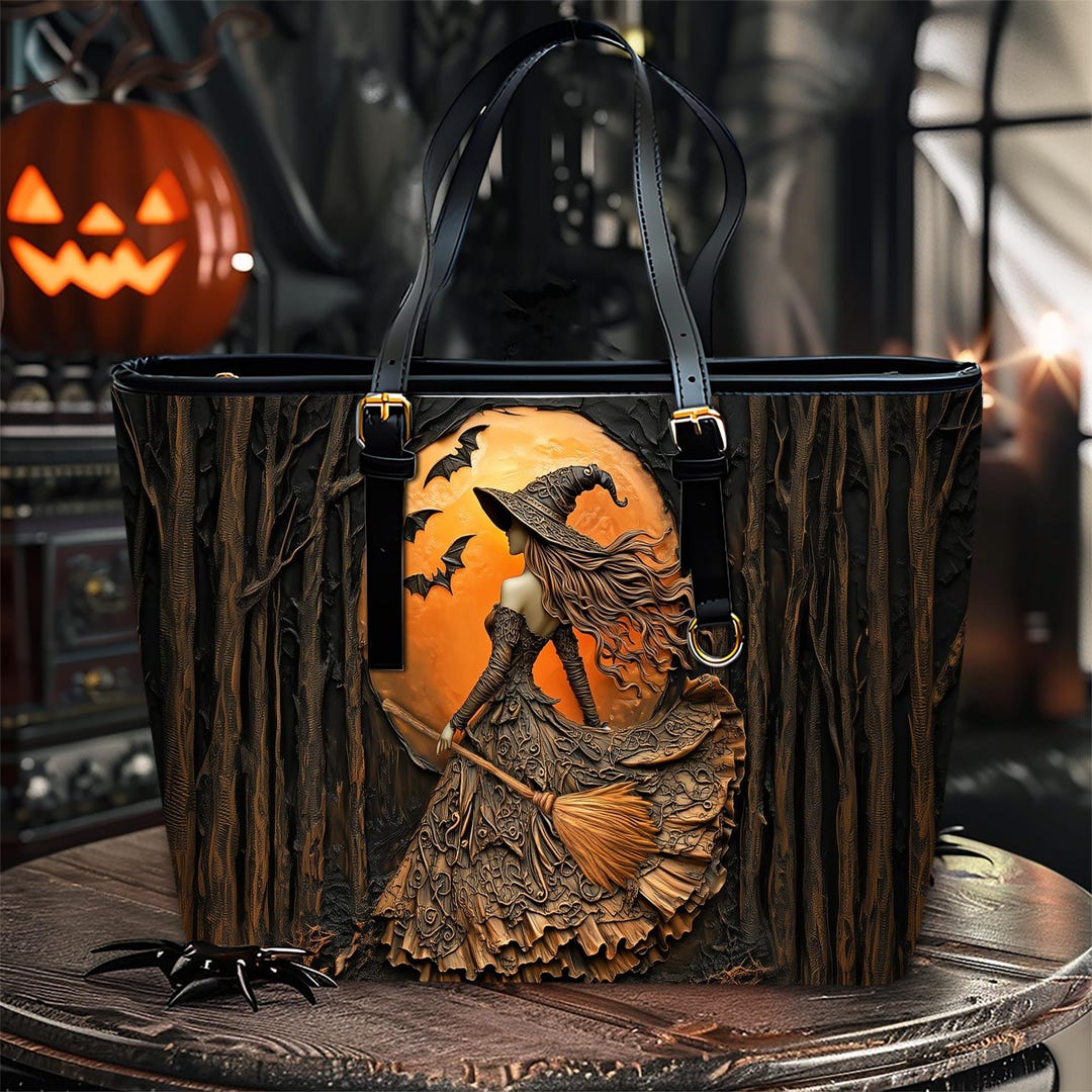 Witch Printed Art Leather Tote Bag, Spooky Halloween Bags, Trick or ...