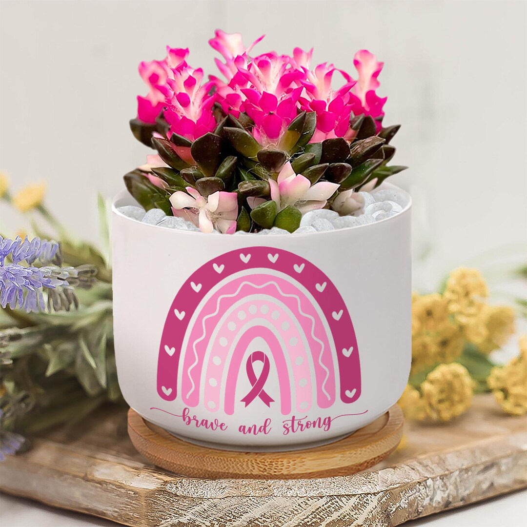 Breast Cancer Plant Pot, Brave and Strong Breast Cancer Warrior Gifts ...