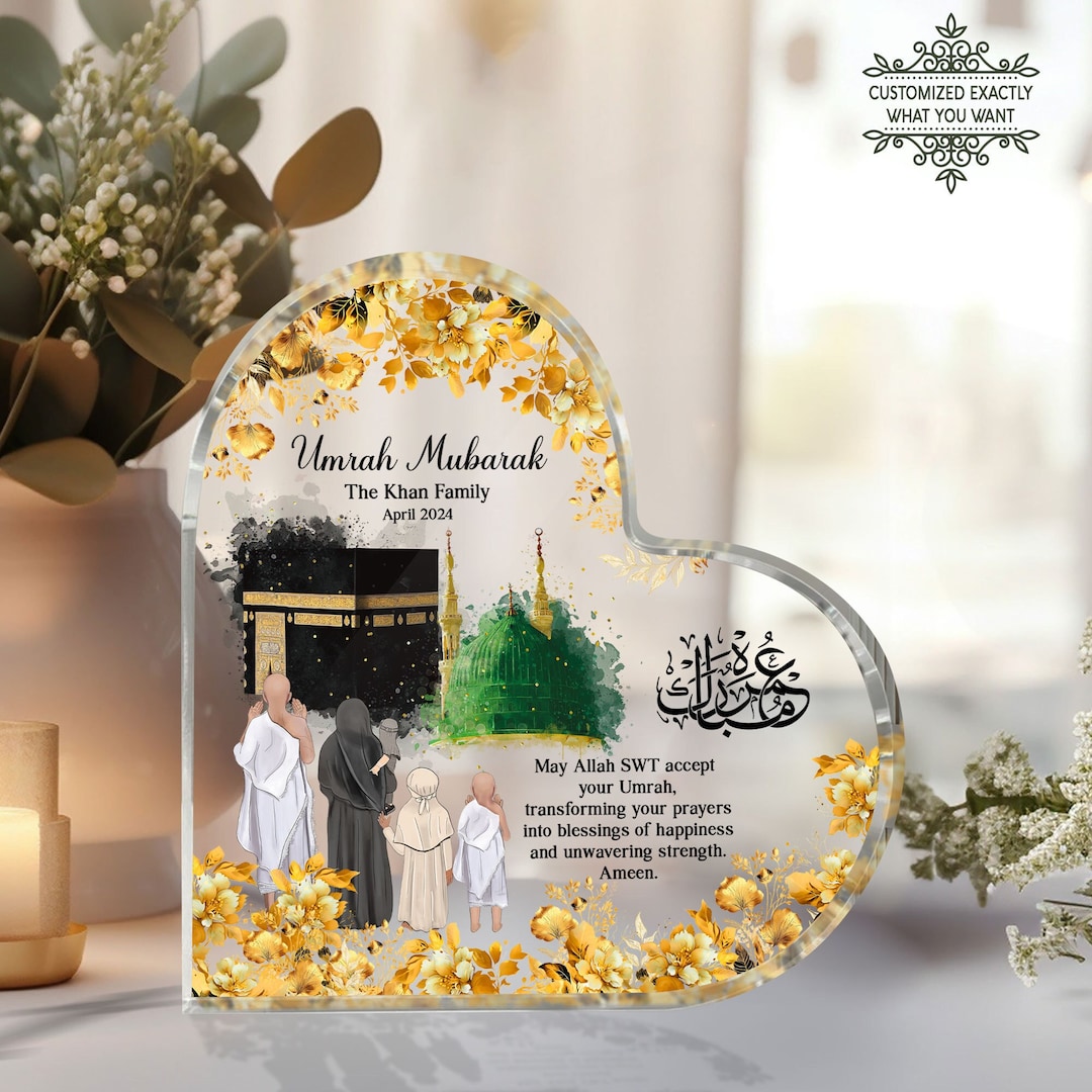 Personalised Umrah Mubarak Heart Acrylic Plaque, Islamic Gift for Her ...