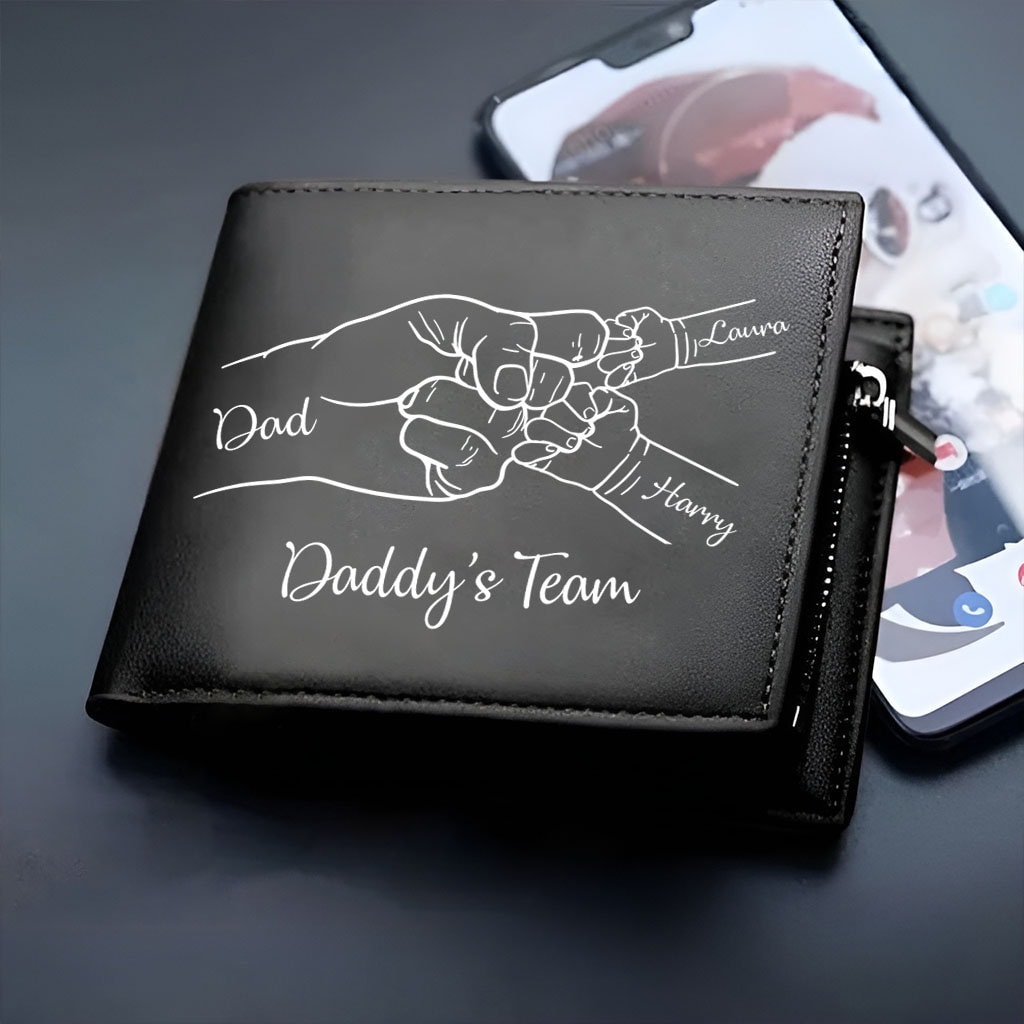 Personalized Daddy's Team Fist Bump Leather Wallet, Custom Kids Name ...
