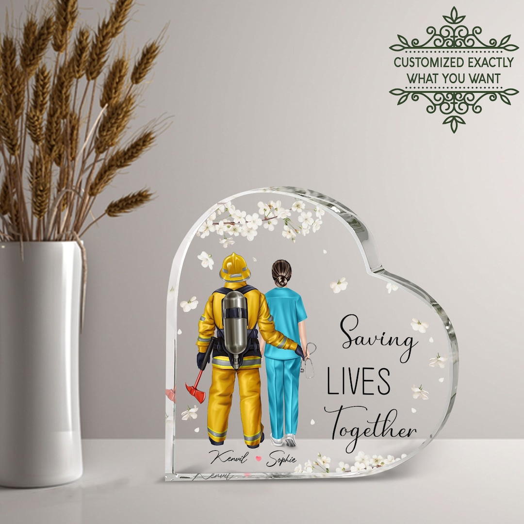 Personalized Firefighter & Nurse Couple Heart Acrylic Plaque, Couple ...