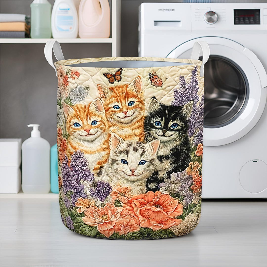 Cute Kitten Laundry Basket, Floral Cat Decor Hamper, Adorable Kitty ...
