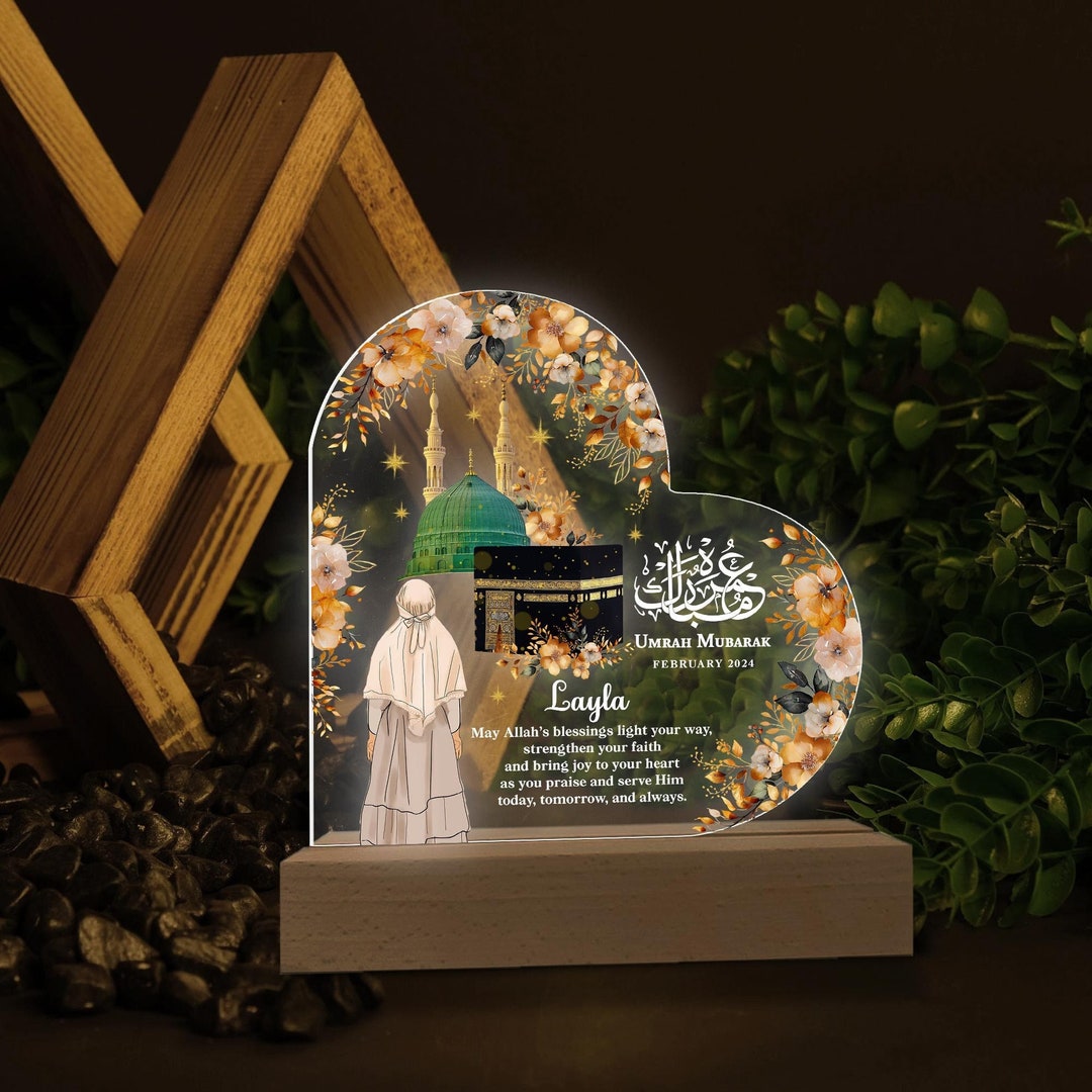 Personalized Umrah Mubarak Led Light Wooden Base, Islamic Night Light ...