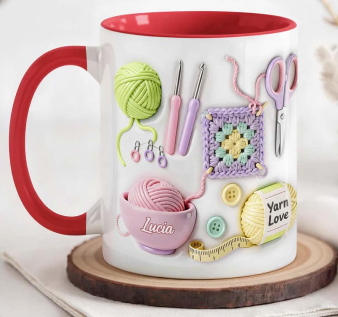 Personalized 2D Flat Printed Crochet Ceramic Mug, Custom Yarn and ...