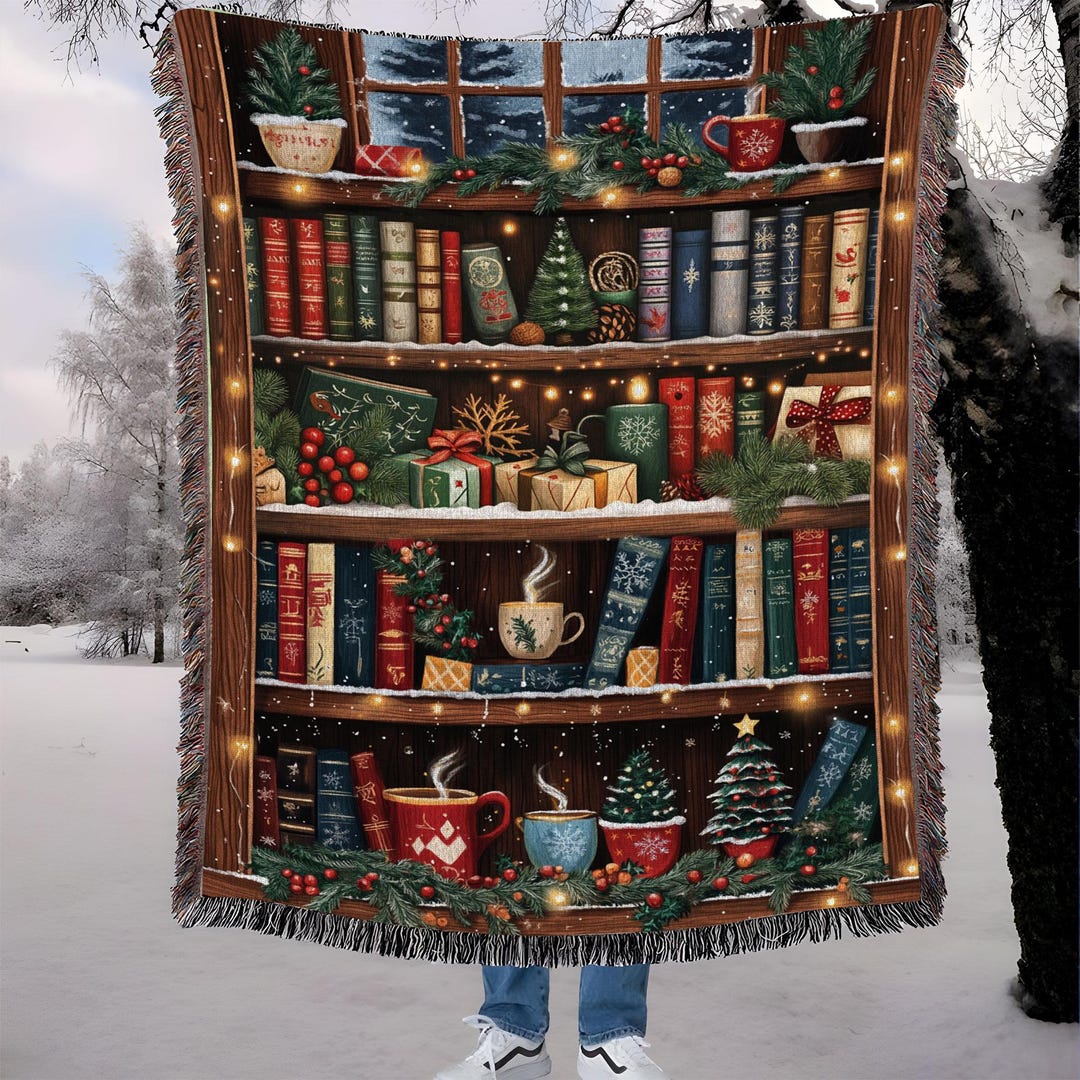 Boho Vintage Bookish Christmas Woven Blanket, Christmas Bookshelf ...