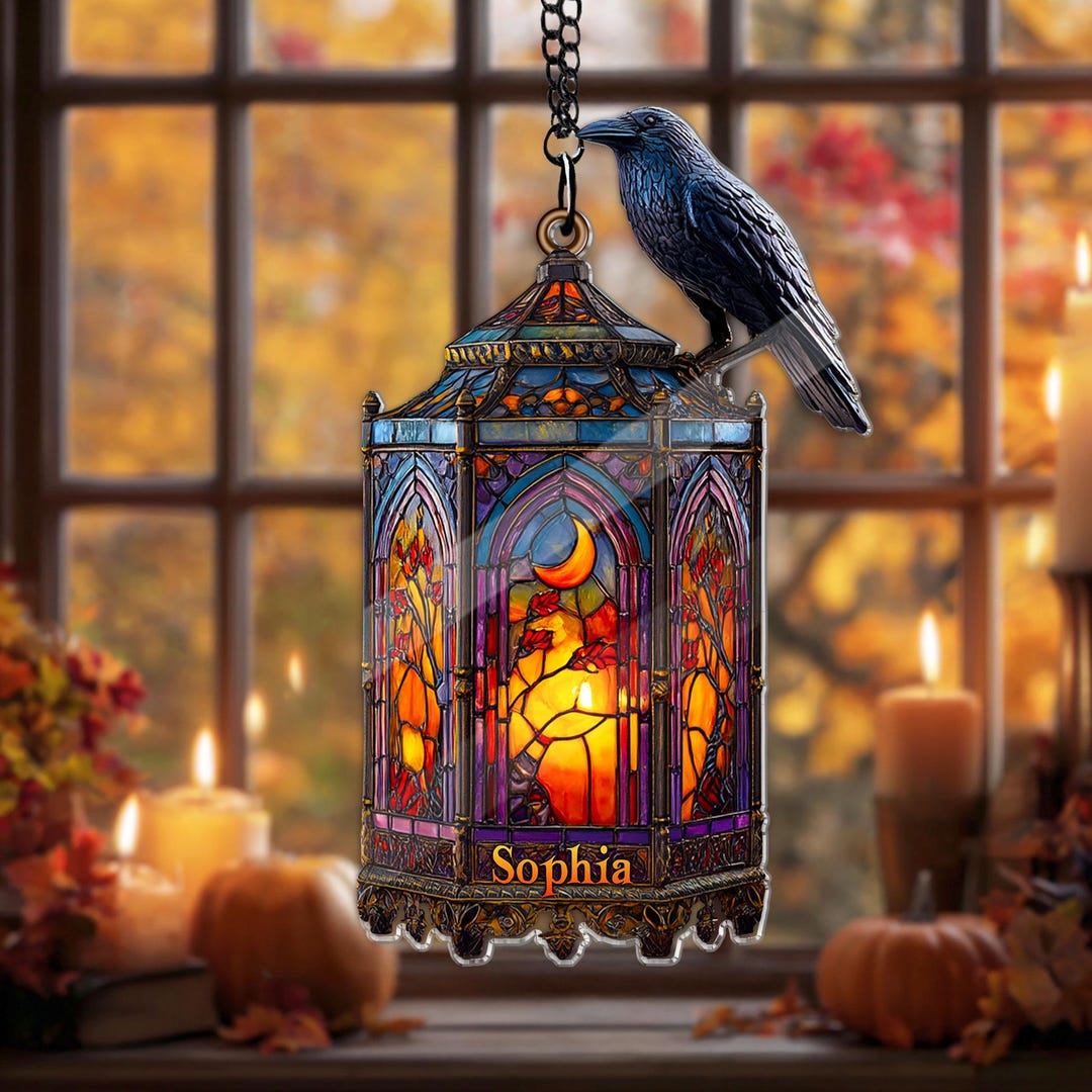 Personalized Raven Gothic on Lantern Acrylic Window Hanging, Halloween ...