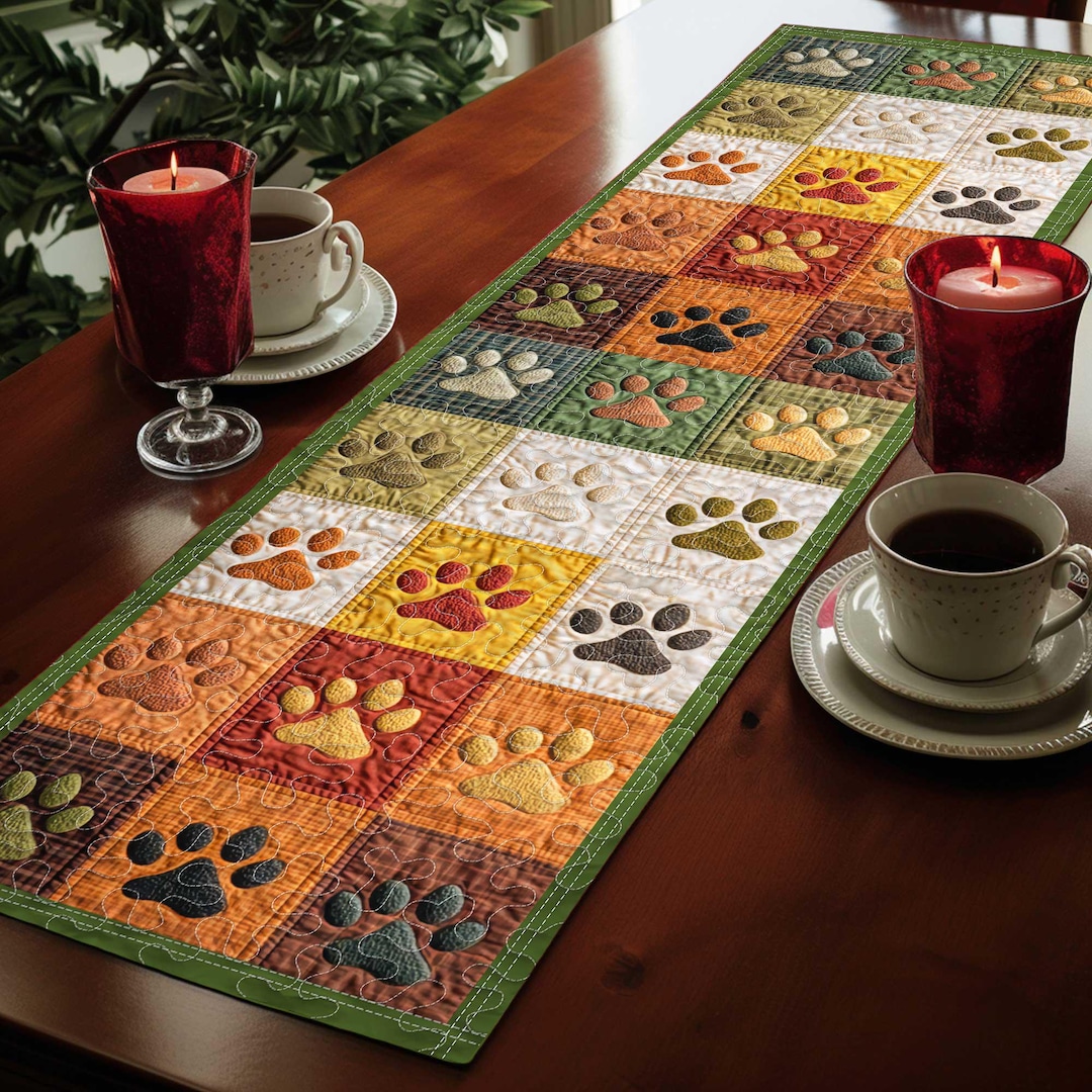 Paw Print Quilted Table Runner, Dog Lover Table Decor, Pet Themed Table ...