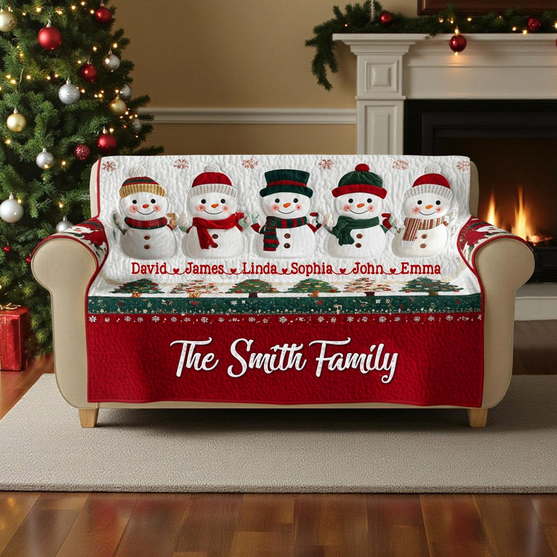 Custom Snowman Family Christmas Quilted Sofa Cover, Winter Living Room ...