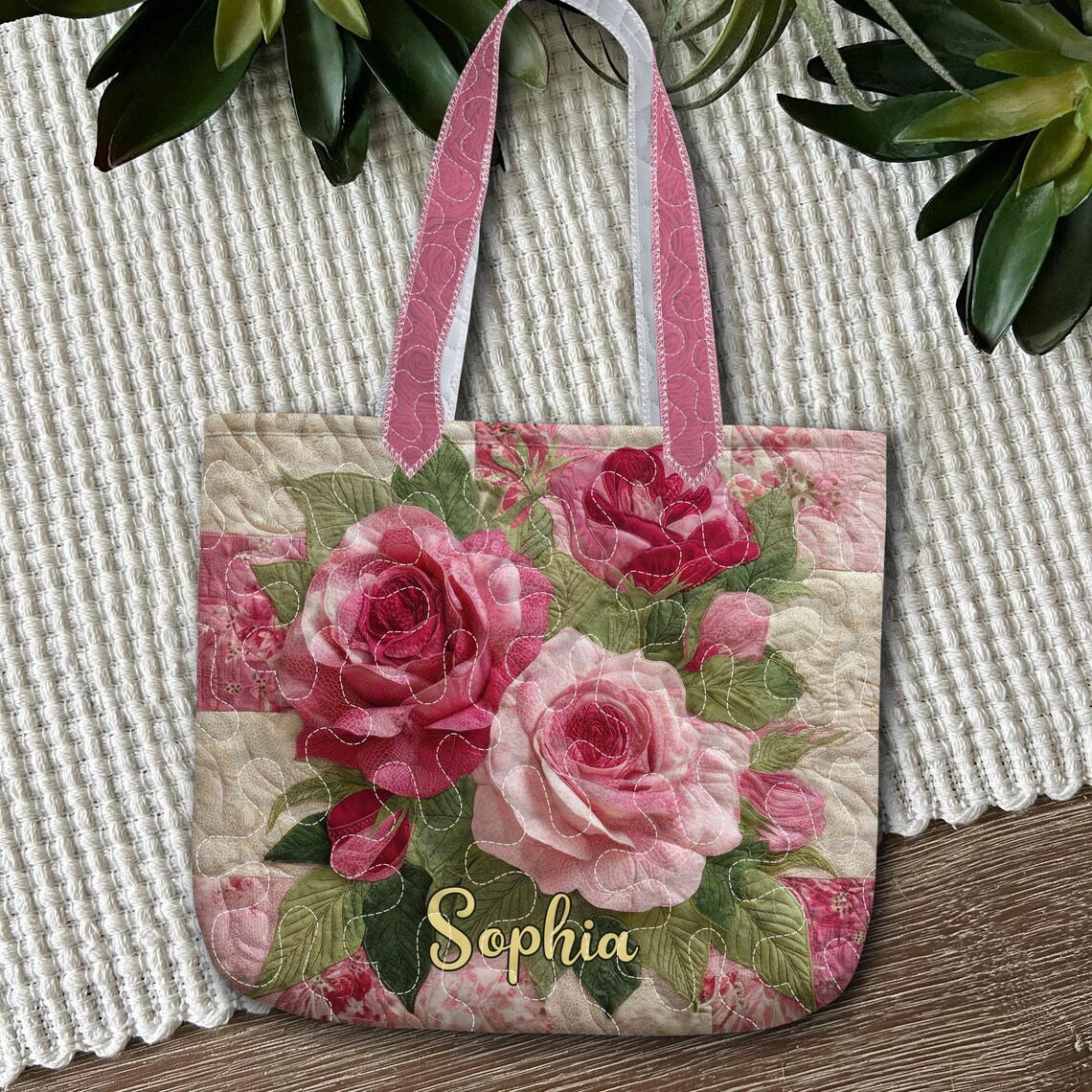 Rose Quilted Tote Bag, Pink Rose Quilt Tote, Vintage Rose Quilted Tote ...