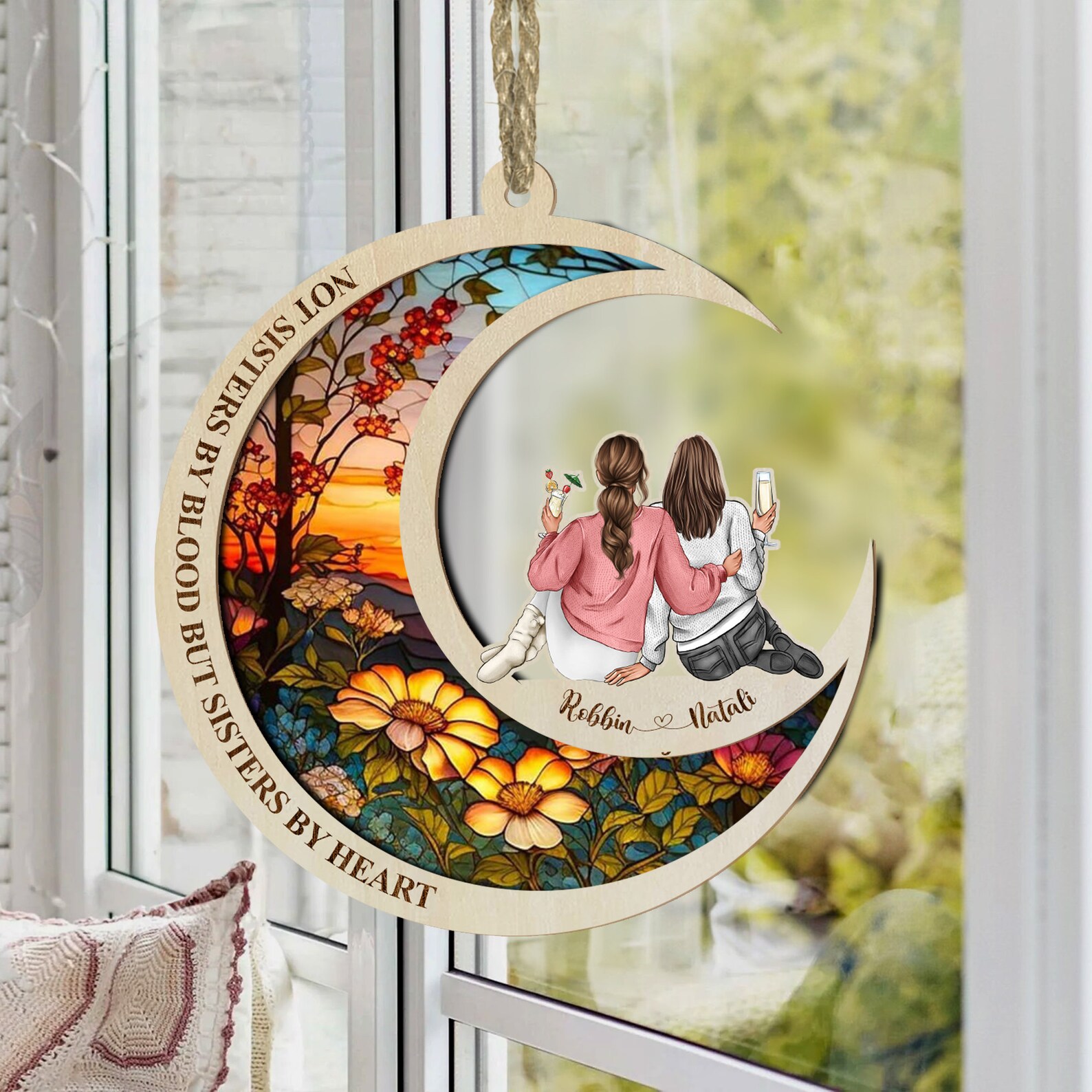 Personalized Sisters Suncatcher, Girls Sitting on the Moon Window ...