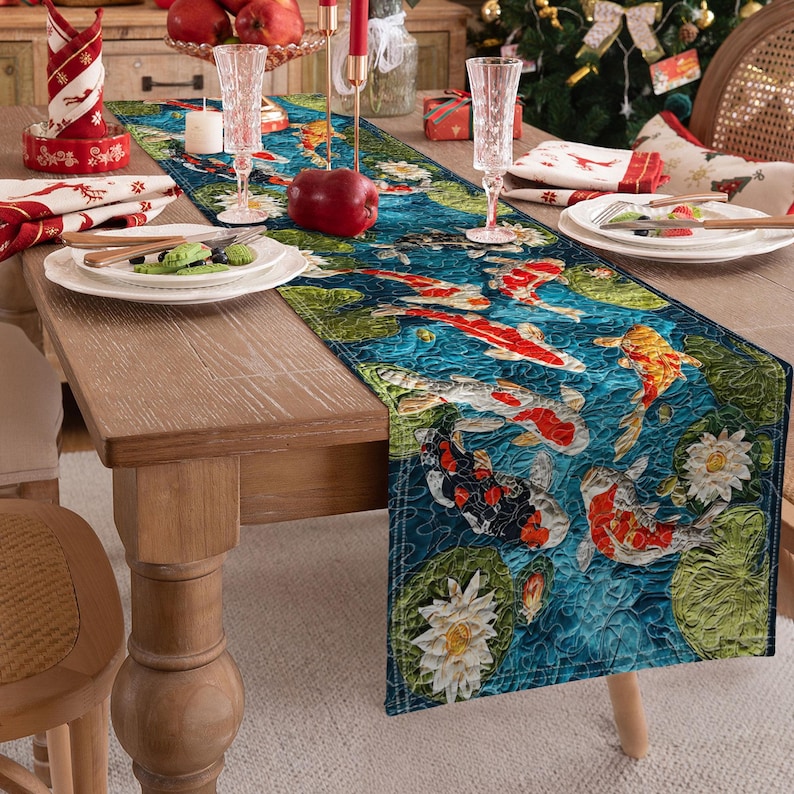 Quilted Japanese Koi Fish Pond Table Runner – Lotus & Koi Fish Pattern ...
