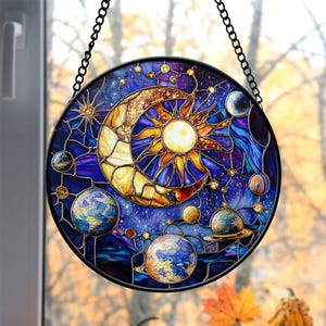 Faux Stained Glass Celestial Suncatcher, Sun Moon and Stars Window ...
