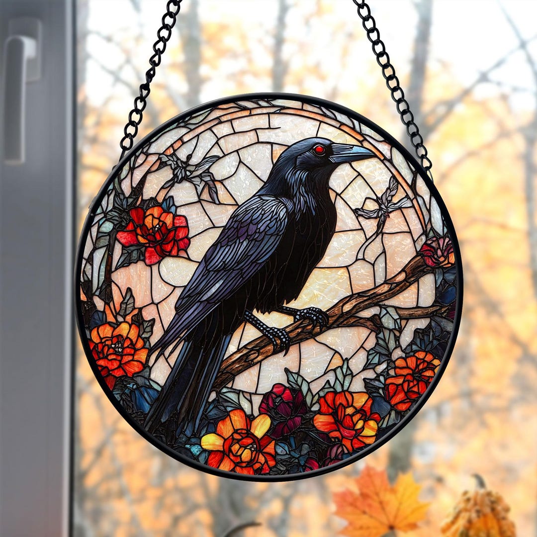 Faux Stained Glass Gothic Raven Suncatcher, Gothic Crow Window Hangings ...