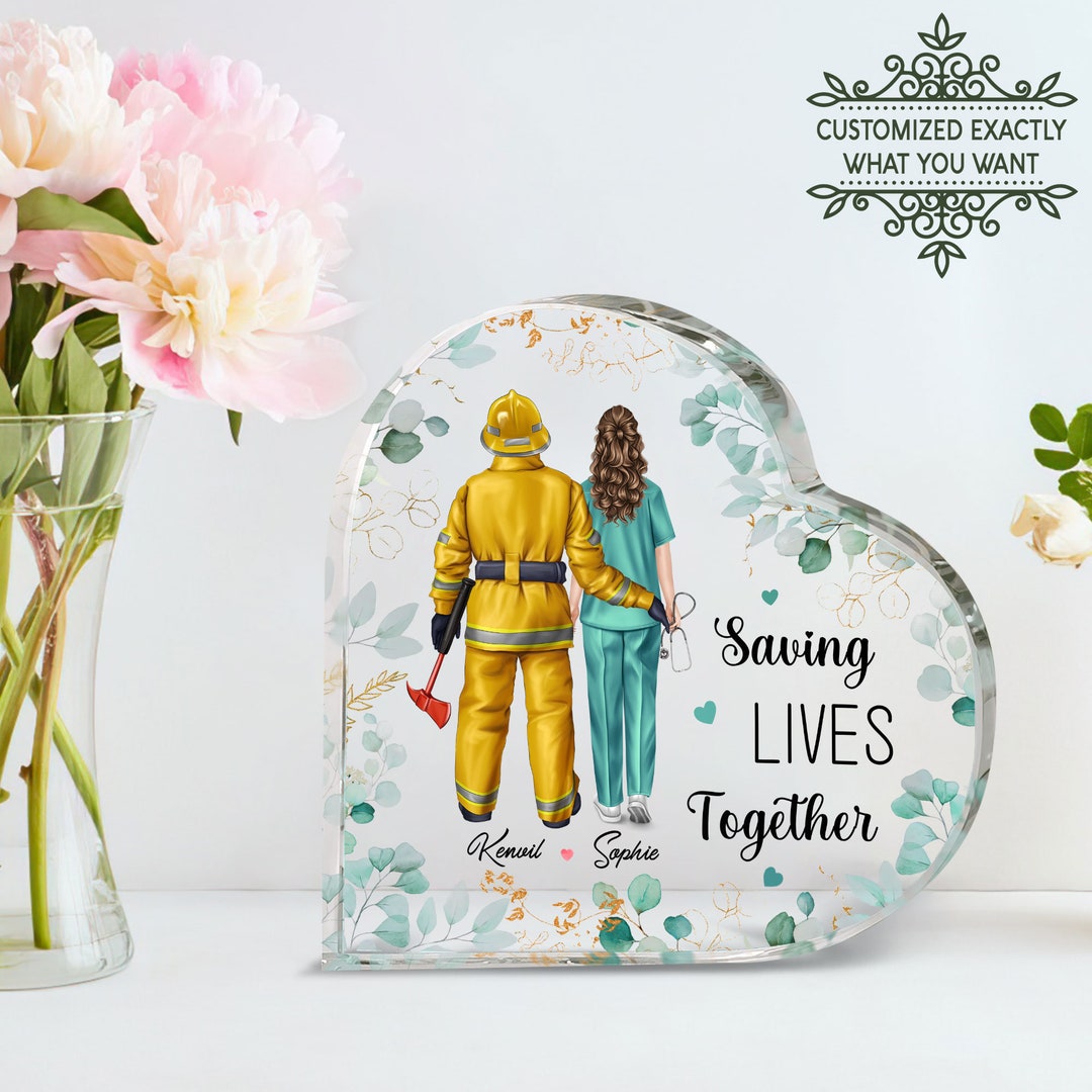 Personalized Firefighter & Nurse Couple Heart Acrylic Plaque, Couple ...