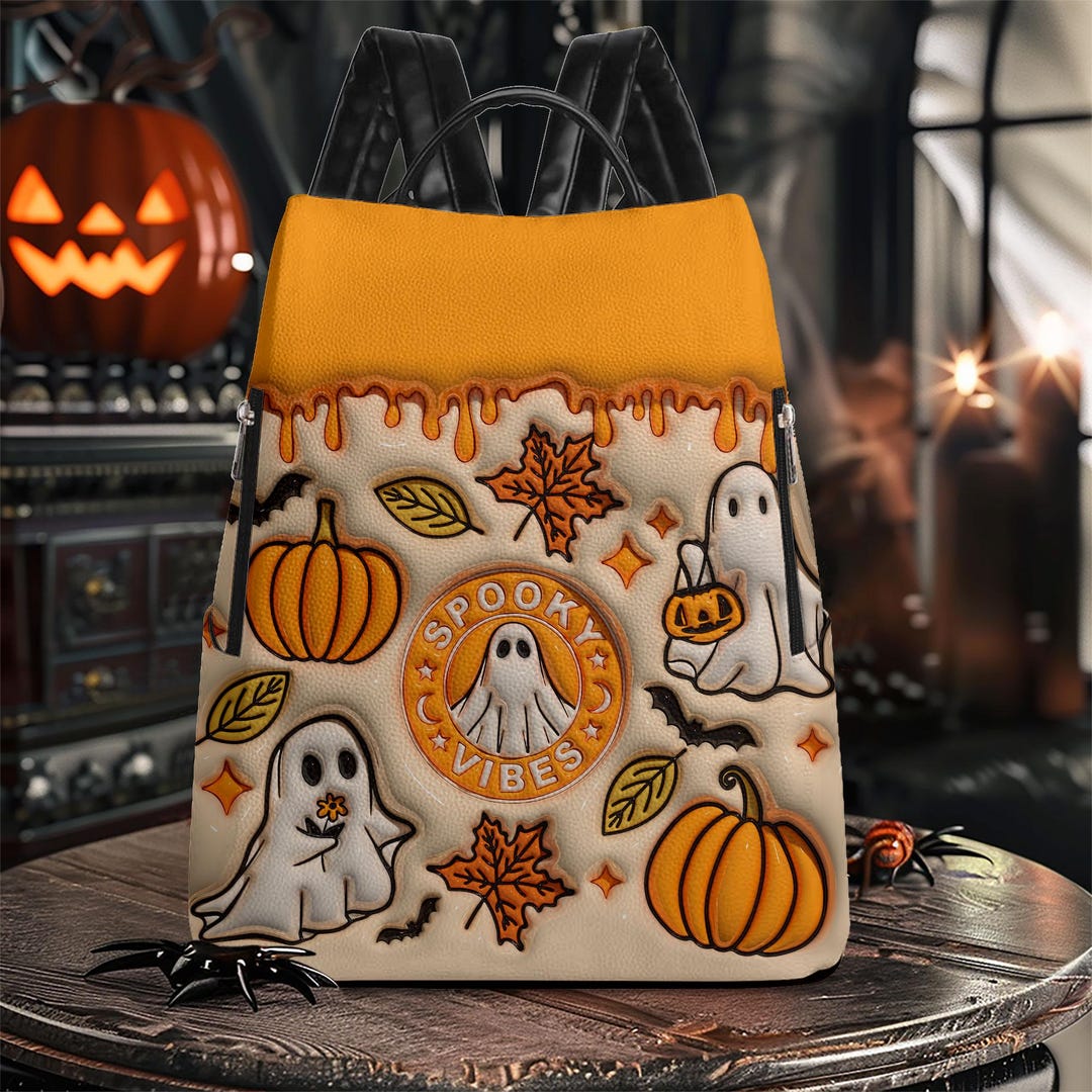 Spooky Vibe Print 3D Effect PU Leather Backpack, Ghost Pumpkin Print 3D ...