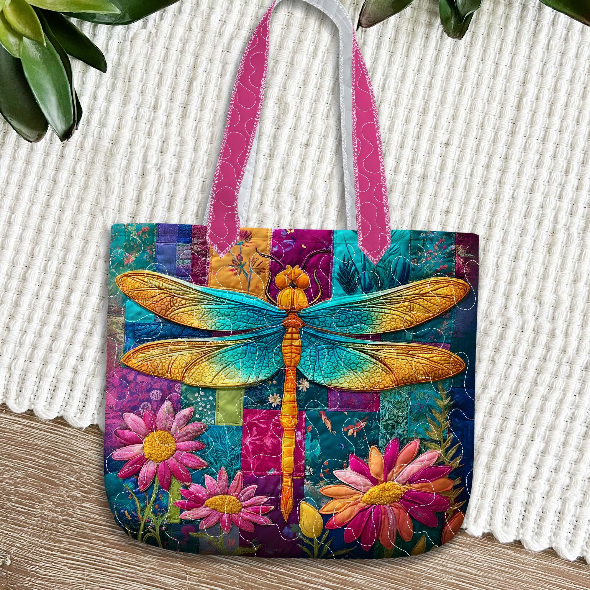 Colorful Dragonfly Quilted Tote Bag, Dragonfly With Wildflowers Bags ...