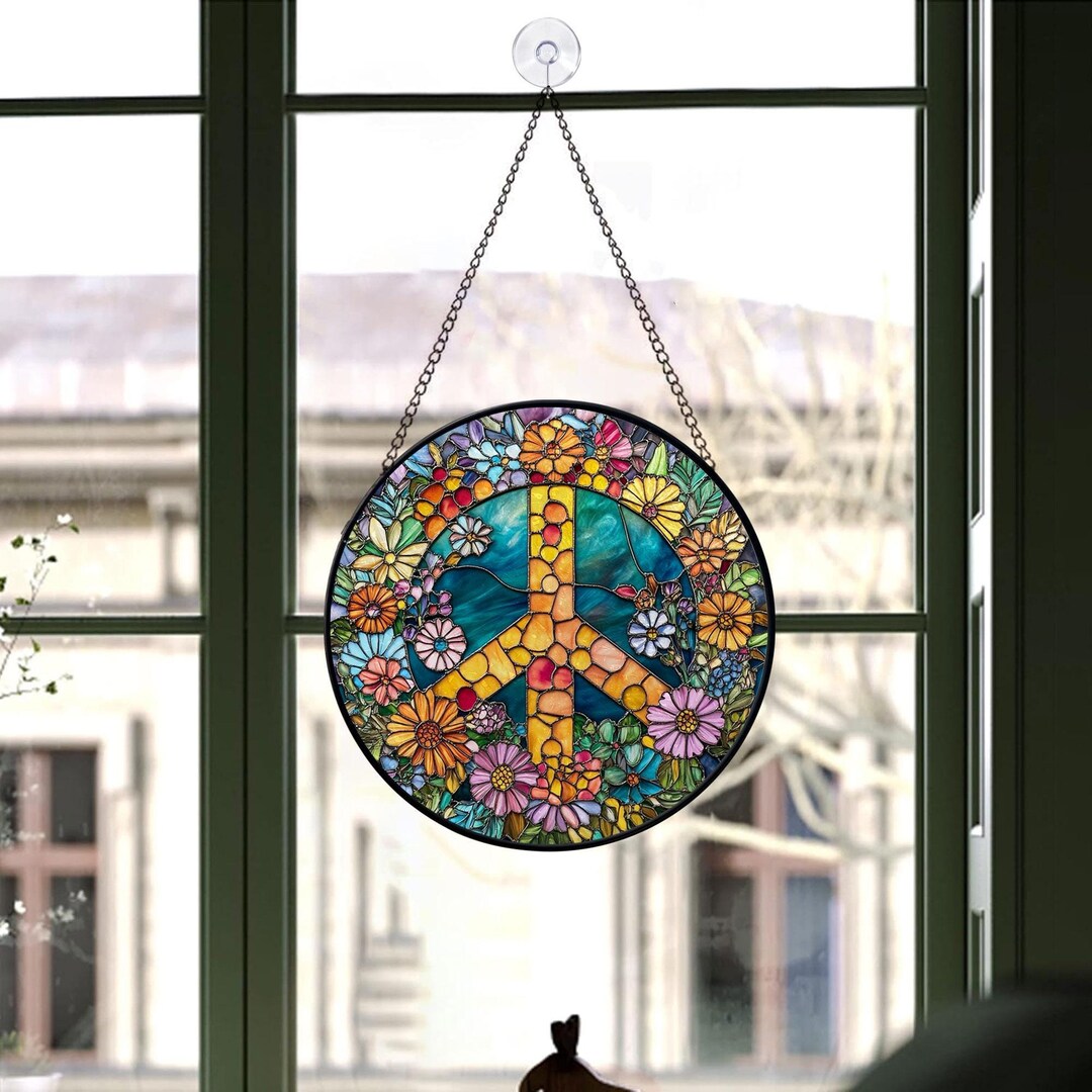 Faux Stained Glass Floral Peace Sign Suncatcher, Peace Sign Window ...