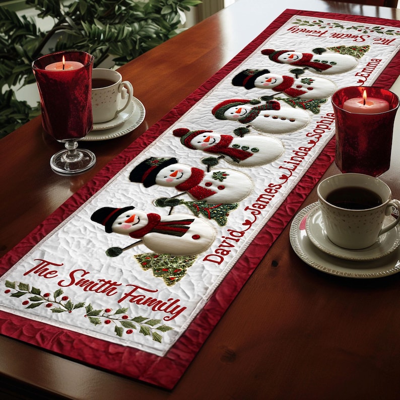 Personalized Christmas Snowman Family Quilted Table Runner, Christmas ...