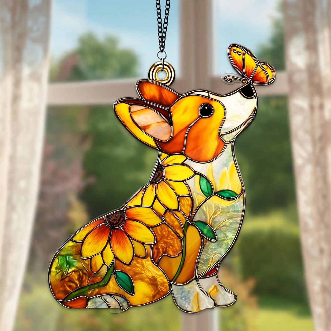 Sunflower Corgi Faux Stained Glass Suncatcher, Corgi Dog Christmas ...