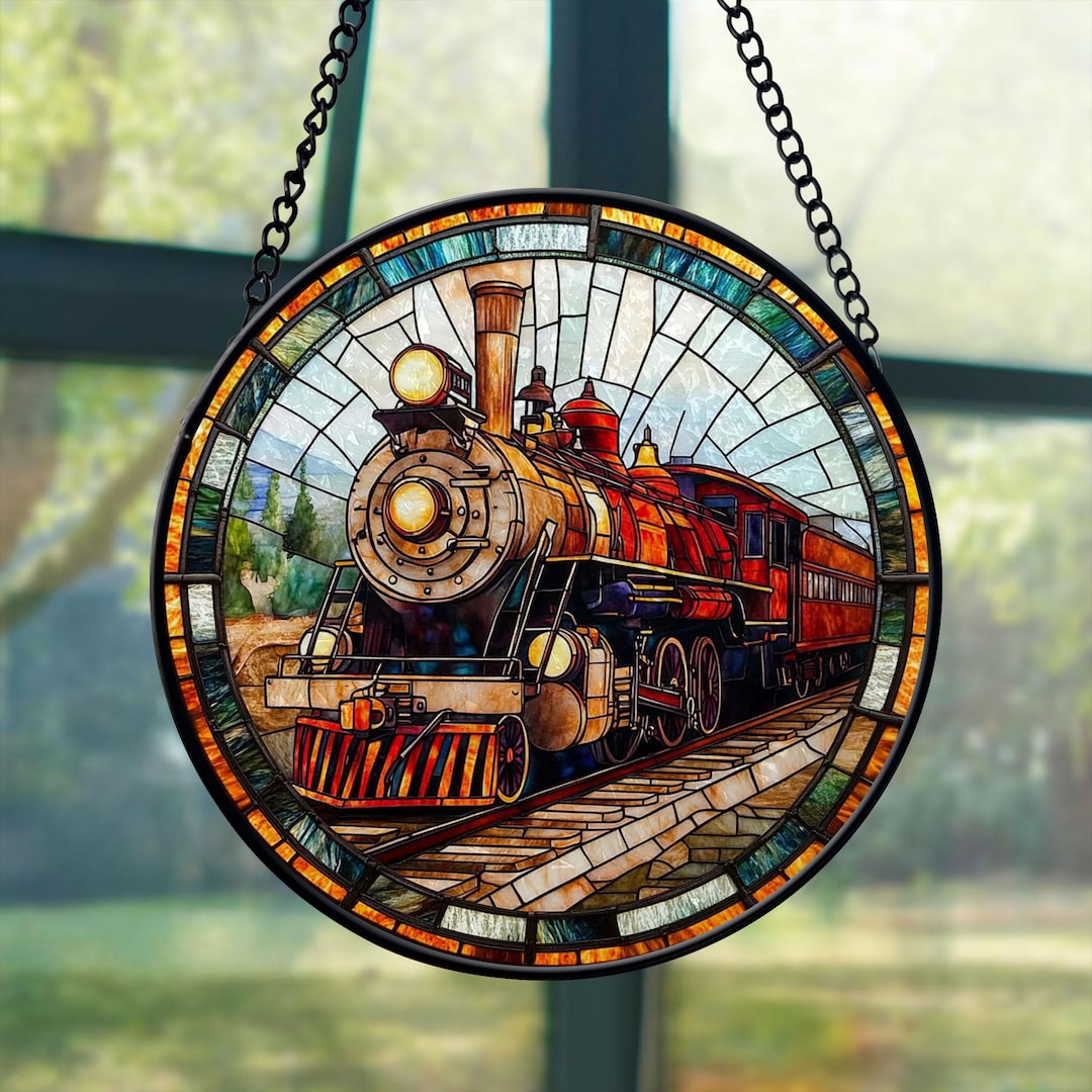 Train Faux Stained Glass Suncatcher, Train Window Hangings for Garden ...