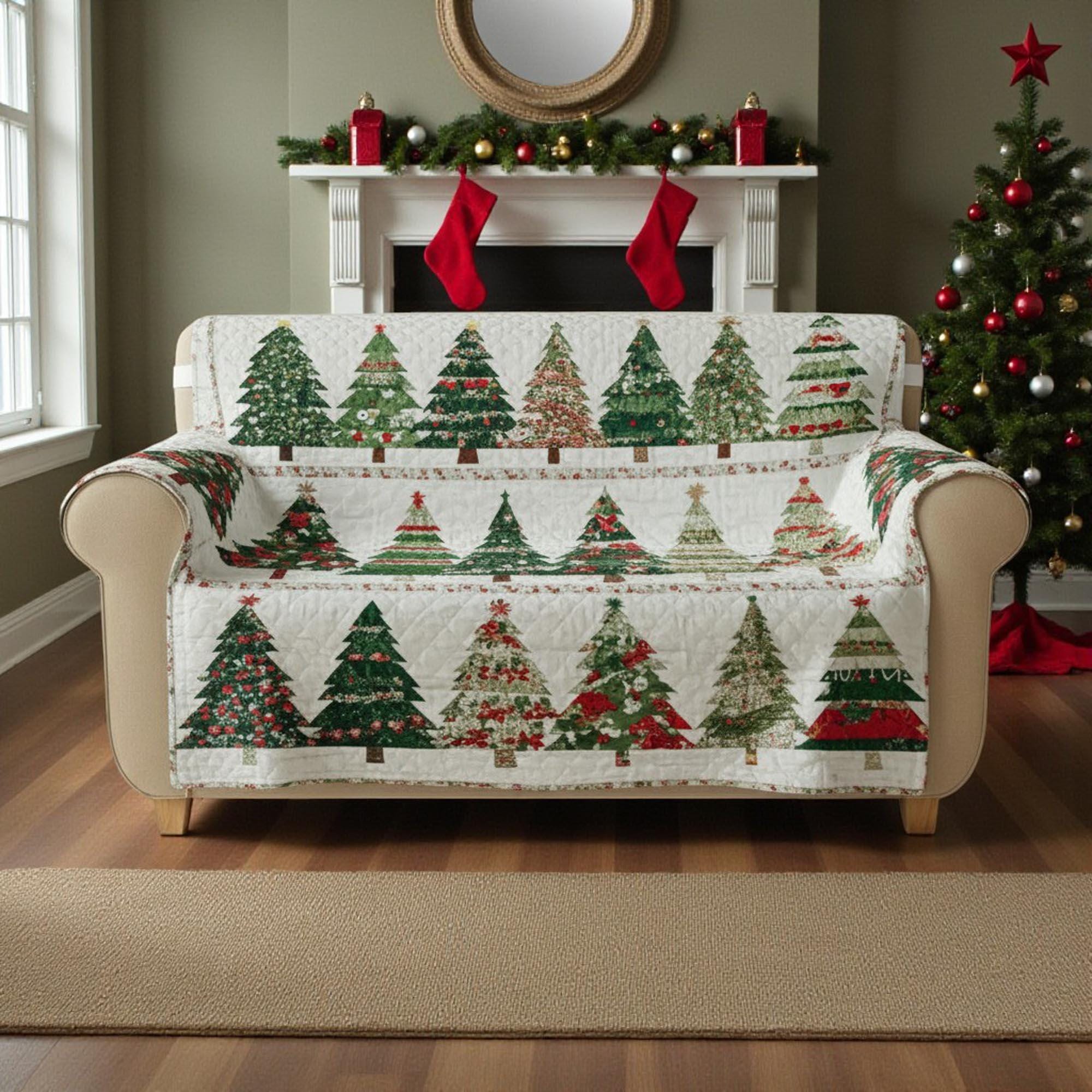 Retro Vintage Christmas Tree Quilted Sofa Cover, Winter Living Room ...