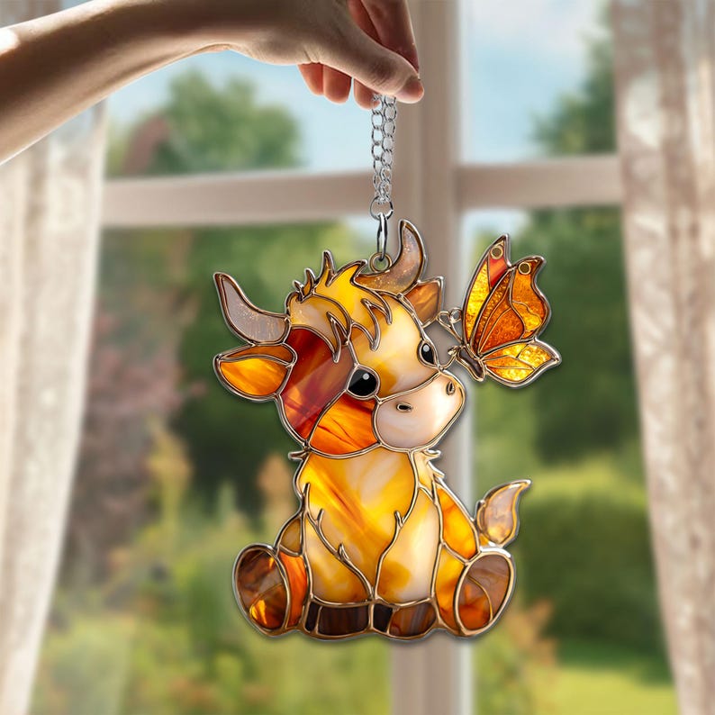 Highland Cow and Butterfly Acrylic Window Hanging, Cute Cow Suncatcher ...
