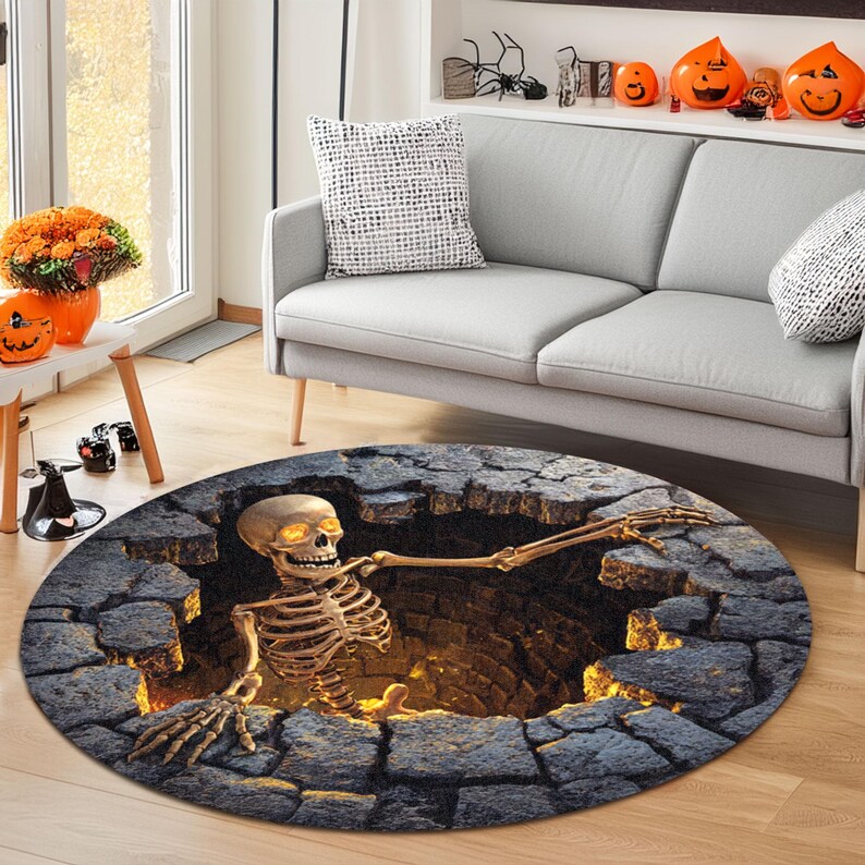 2D Flat Halloween Skeleton Round Rug, Scary Skeleton Carpet, Spooky ...