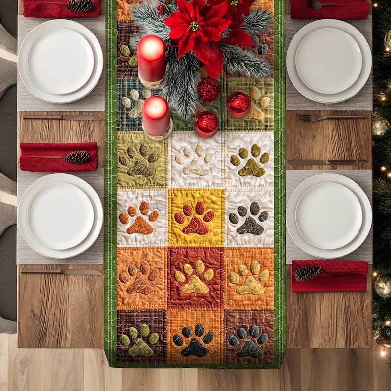 Paw Print Quilted Table Runner, Dog Lover Table Decor, Pet Themed Table ...