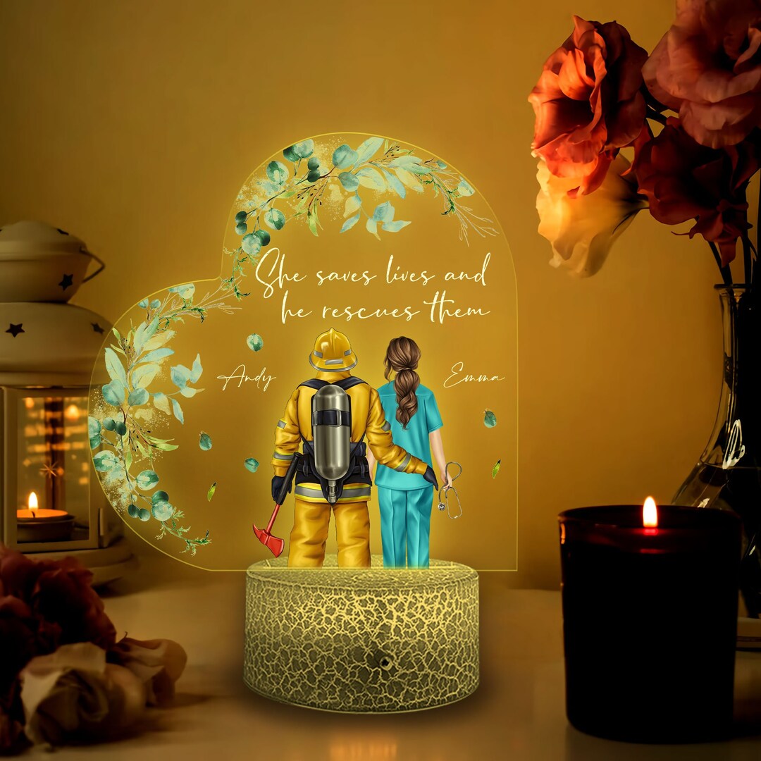 Personalized Firefighter and Nurse Couple 3D Led Night Light, Potrait ...