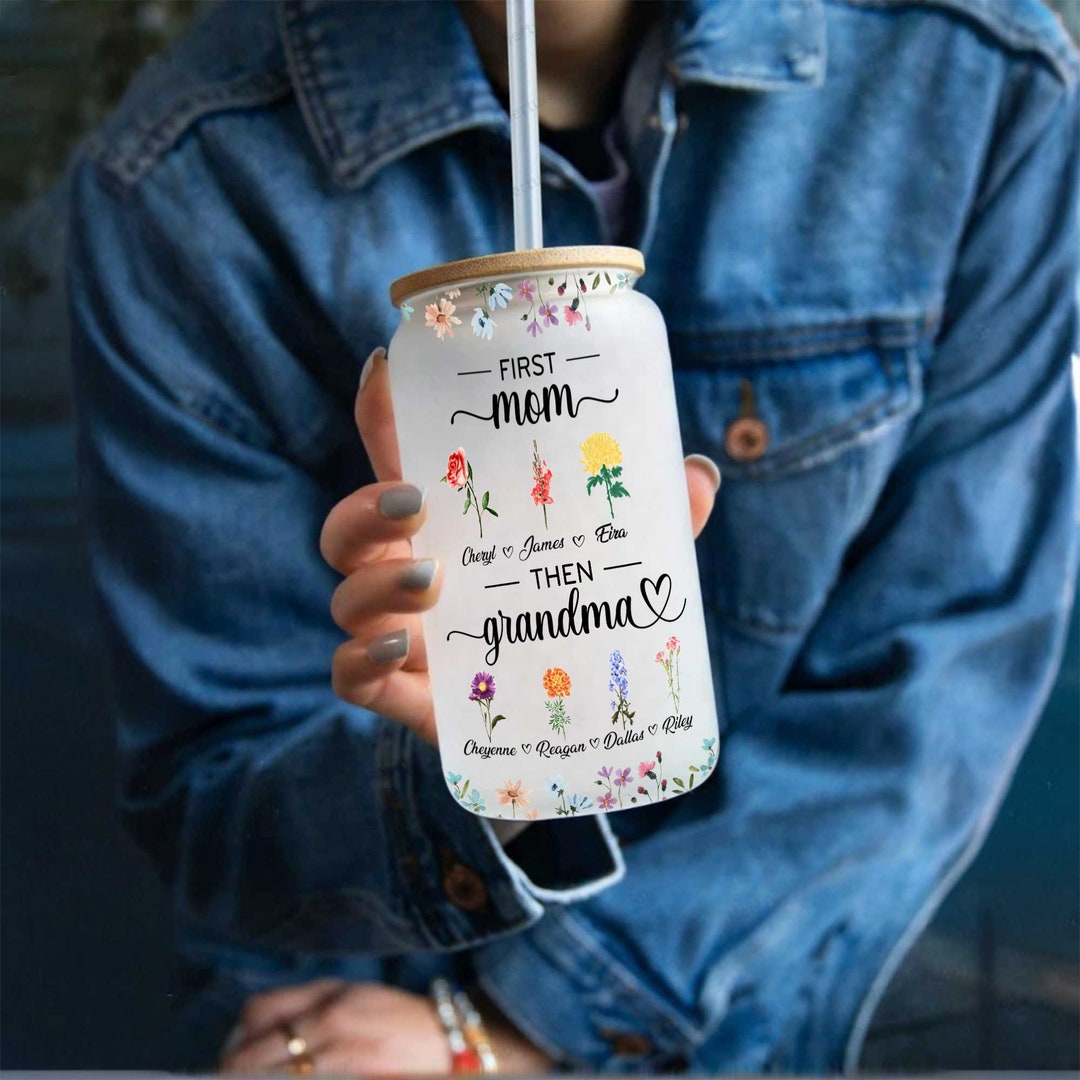 Personalized First Mom Now Grandma Birth Month Flower Frosted Bottle ...